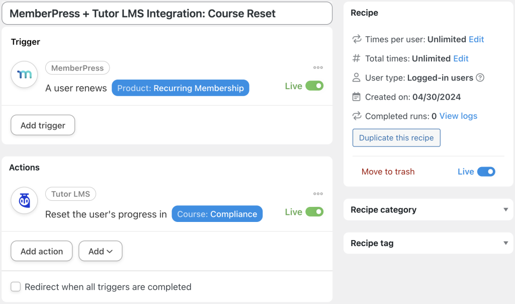 Connect Tutor LMS to MemberPress with Uncanny Automator